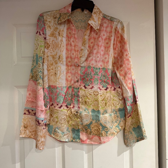 Tops | Patchwork Satin Blouse In Yellow | Poshmark